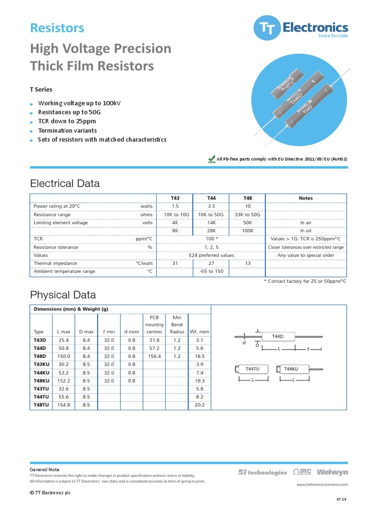 Technical Data - TT Electronics - High Voltage Precision Thick Film ...