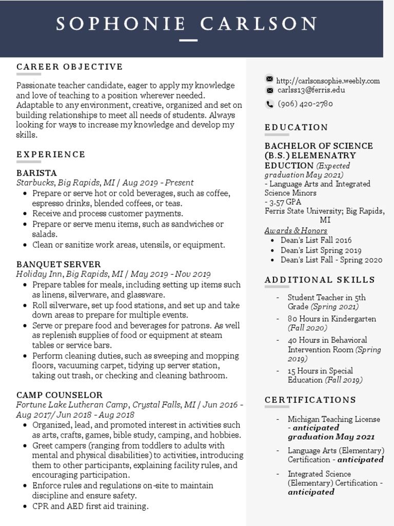 Sophonie Carlson Resume 2021 Copy Dragged | PDF | Waiting Staff | Beverages