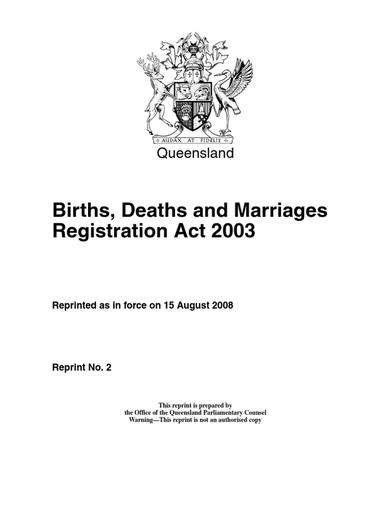 Births, Deaths and Marriages Registration Act 2003: Queensland | PDF ...