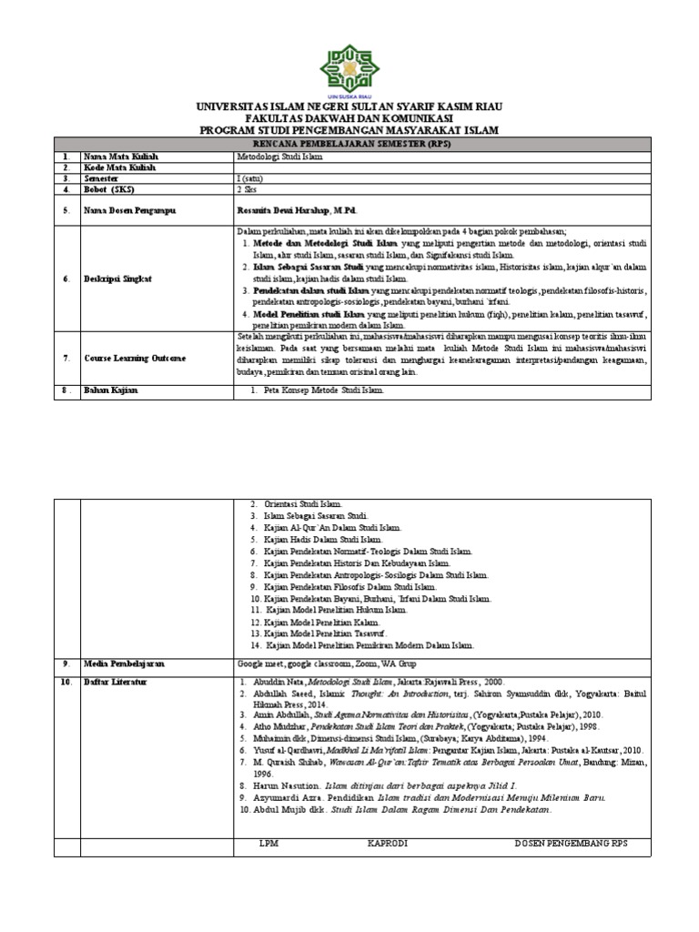 RPS MK Metodologi Studi Islam | PDF