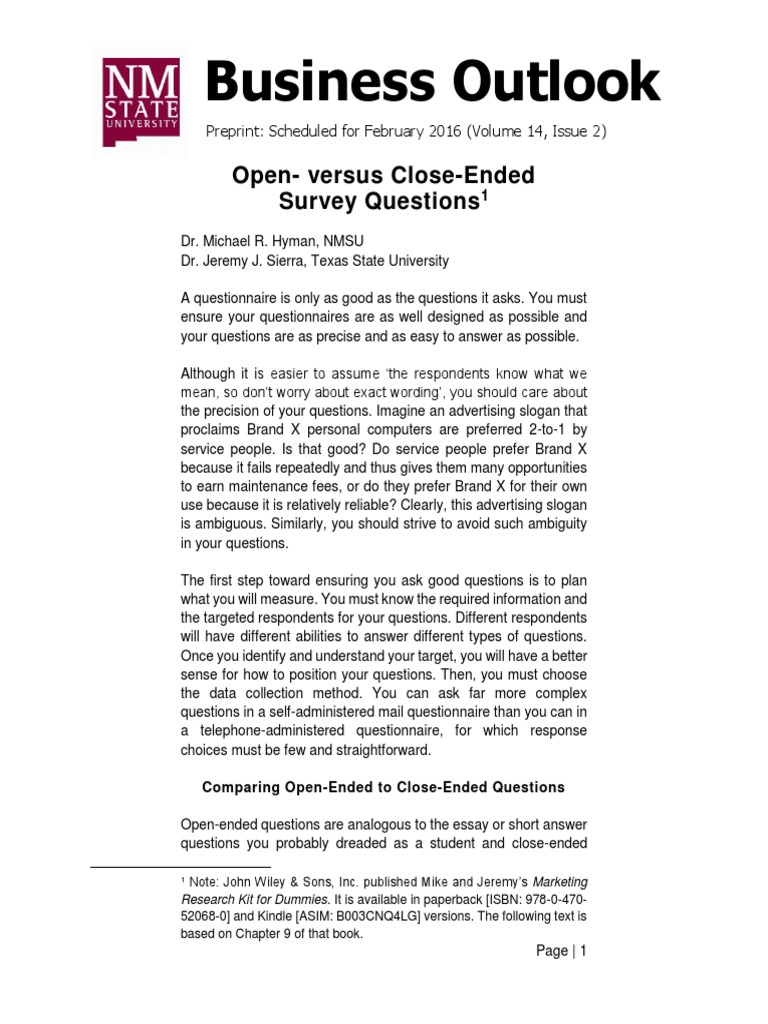 Business Outlook: Open-Versus Close-Ended Survey Questions | PDF | Self ...