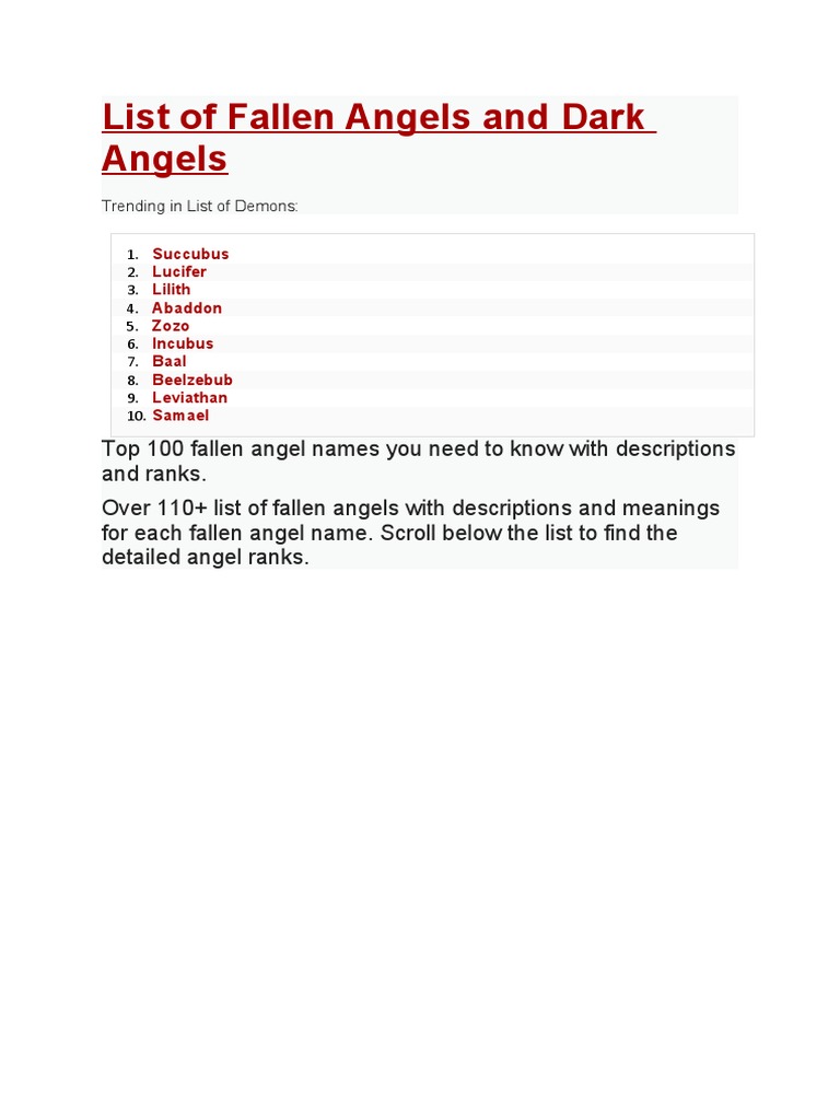 List of Fallen Angels and Dark Angels | PDF | Fallen Angels | Demons