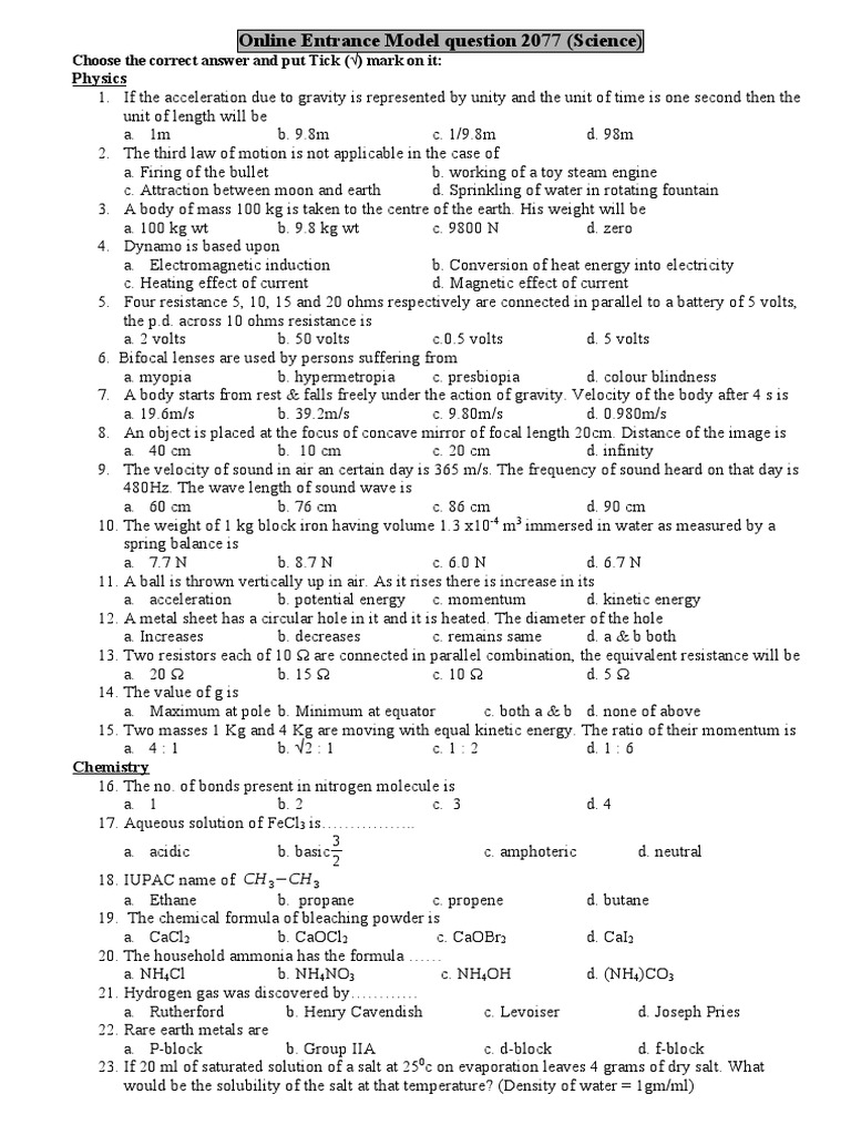 Science Entrance Exam Model Questions | PDF | Iron | Ammonia
