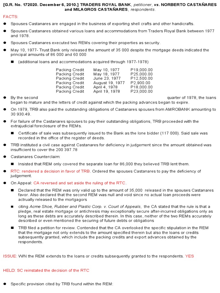Traders Royal Bank vs. Castanares Case Summary | PDF | Mortgage Law | Loans