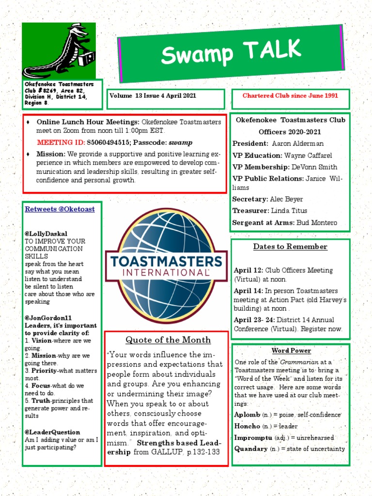 Swamp Talk: Okefenokee Toastmasters Club Newsletter | PDF | Human ...