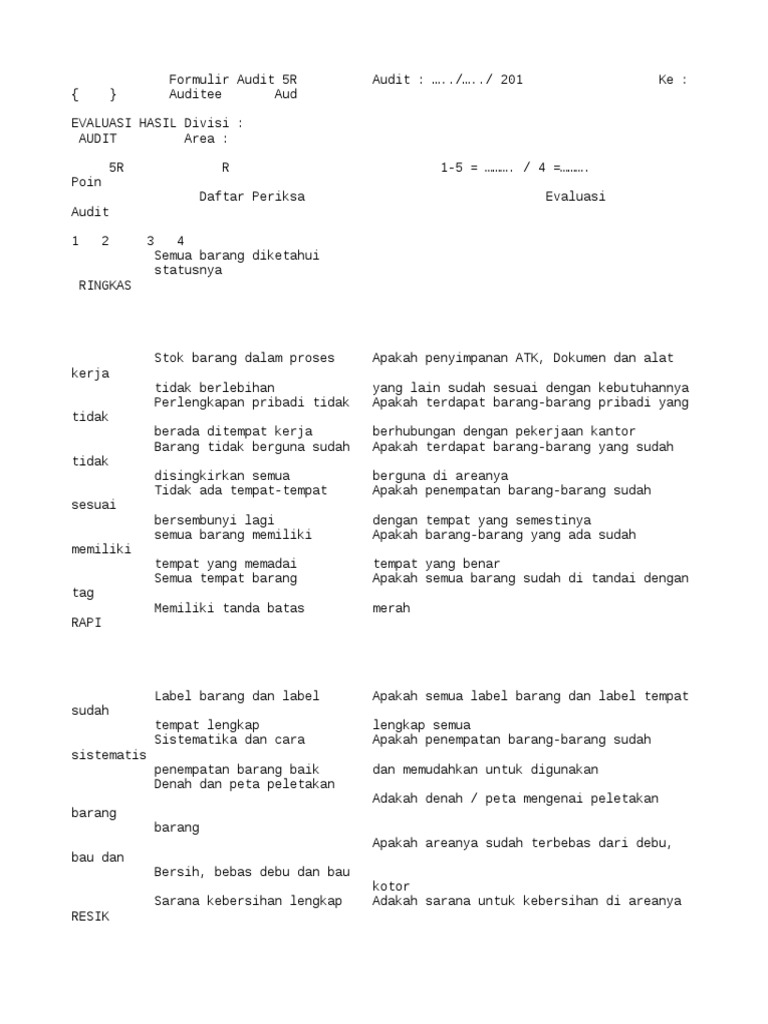Audit 5R: Evaluasi Kebersihan dan Kerapihan | PDF