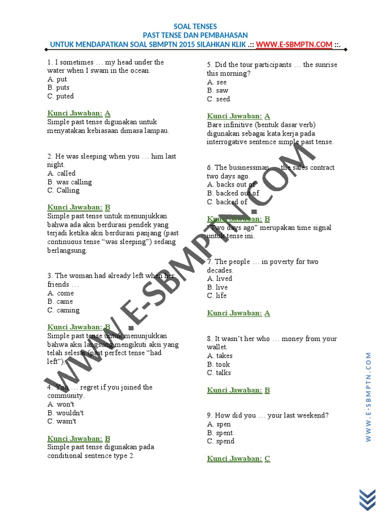 SOAL SIMPLE PAST TENSE DAN PEMBAHASAN-dikonversi | PDF | Linguistics ...