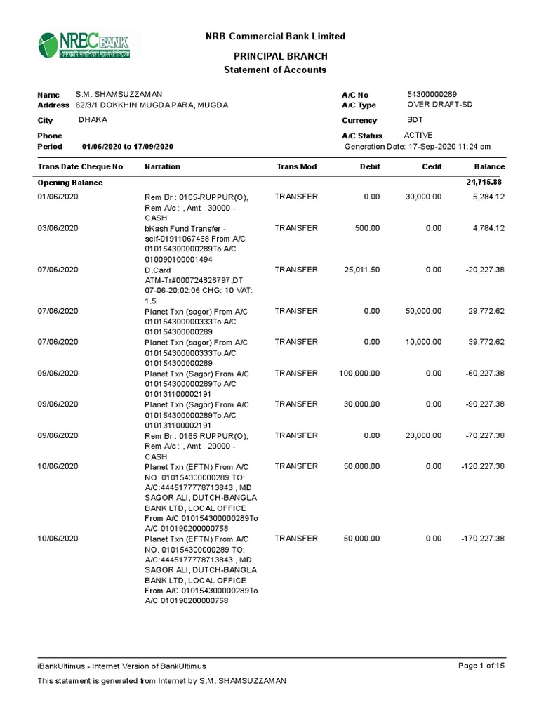 NRB Commercial Bank Limited Principal Branch Statement of Accounts ...