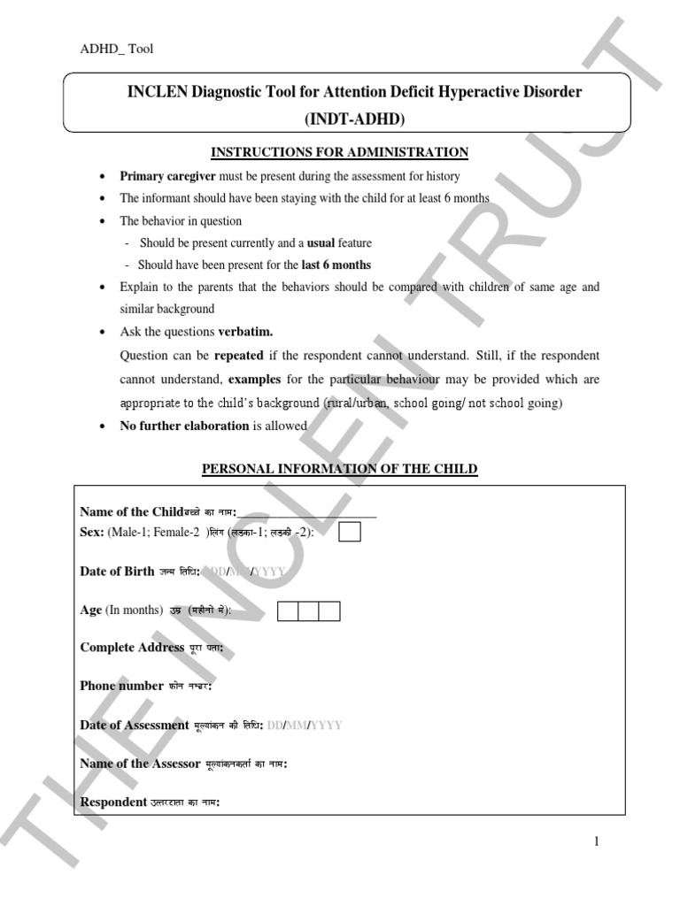 INCLEN Diagnostic Tool For Attention Deficit Hyperactive Disorder INDT ...