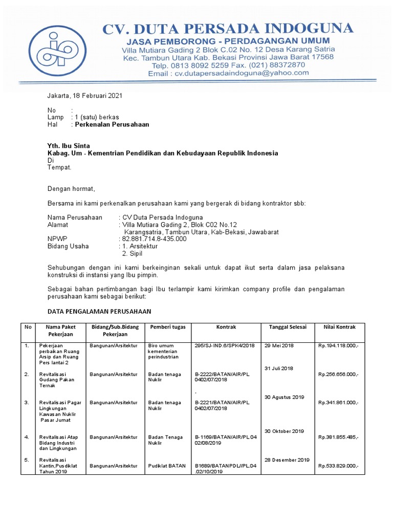 Surat Perkenalan CV. Duta Persada | PDF
