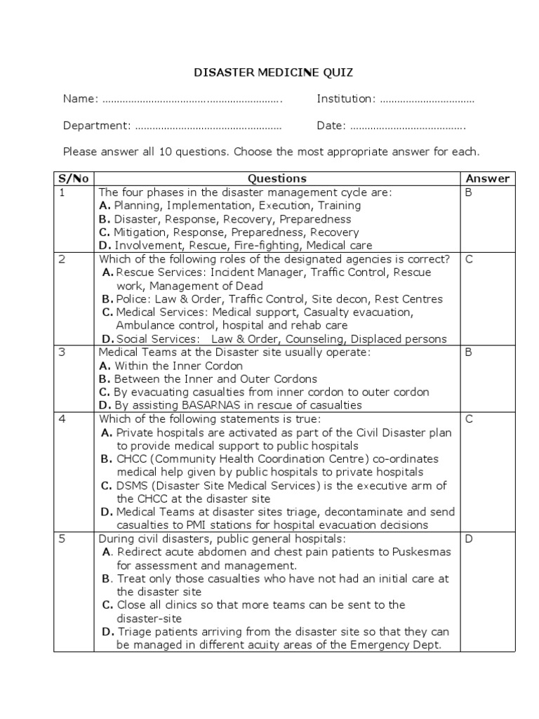 Disaster Medicine Quiz: Key Concepts | PDF | Emergency Department ...