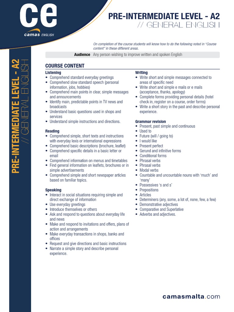 Pre-Intermediate Level - A2: // General English | PDF | English ...