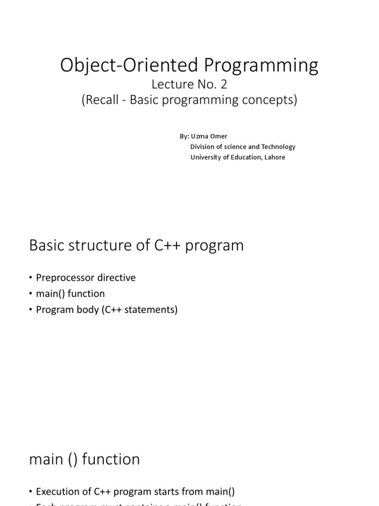Object Oriented Programming Lecture No 2 Recall Basic Programming 4259
