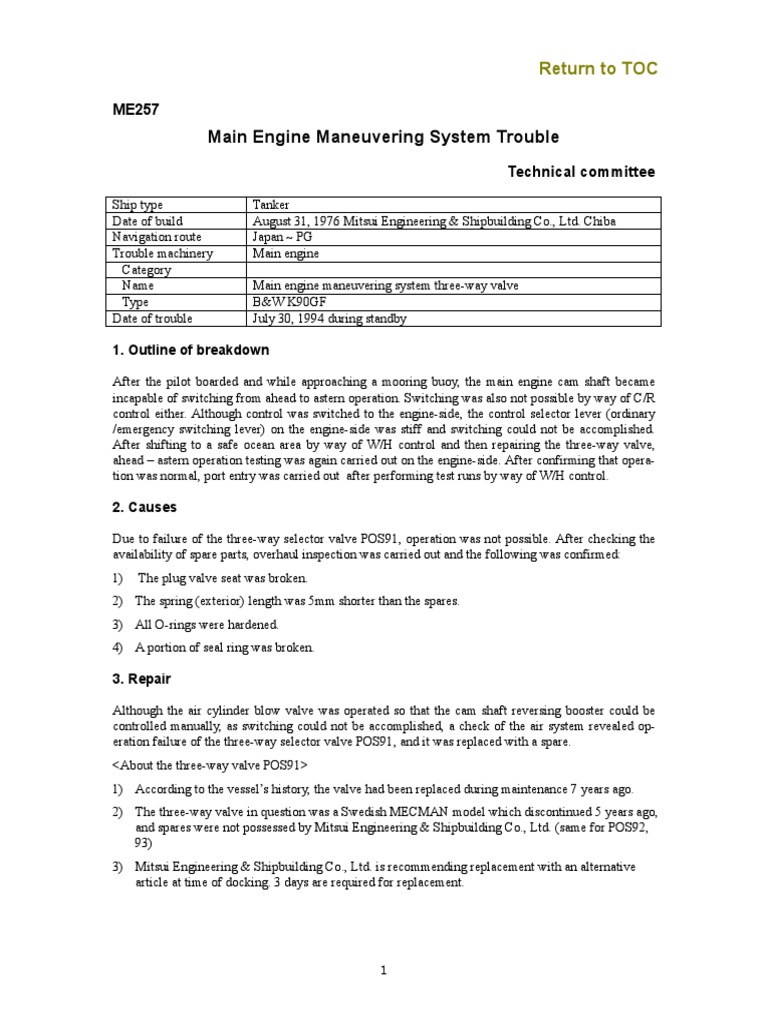 Main Engine Maneuvering System Trouble: Return To TOC | PDF | Valve | Ships