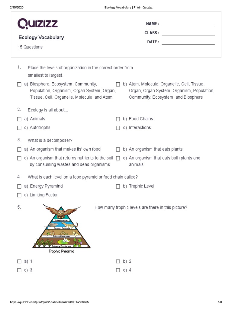 Ecology Vocabulary - Print - Quizizz1 | PDF | Food Web | Biogeochemistry