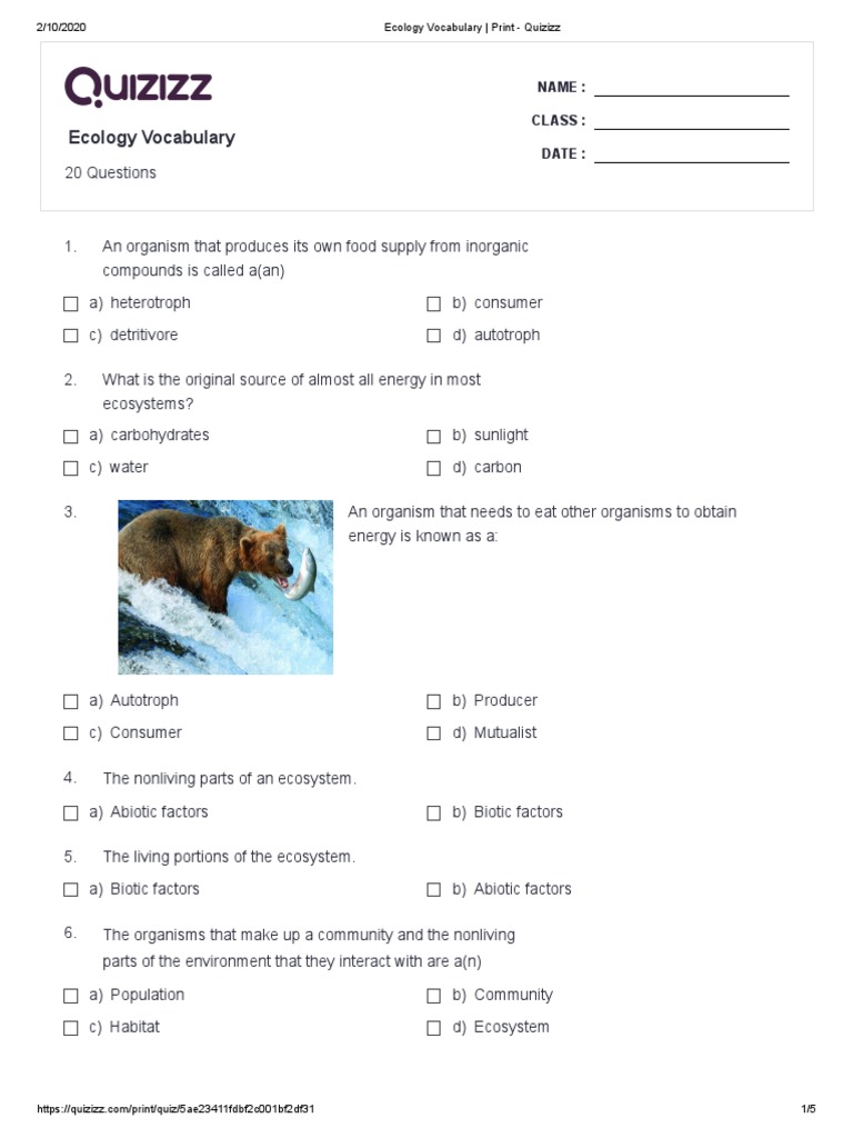 Ecology Vocabulary - Print - Quizizz111 | PDF | Ecology | Ecosystem