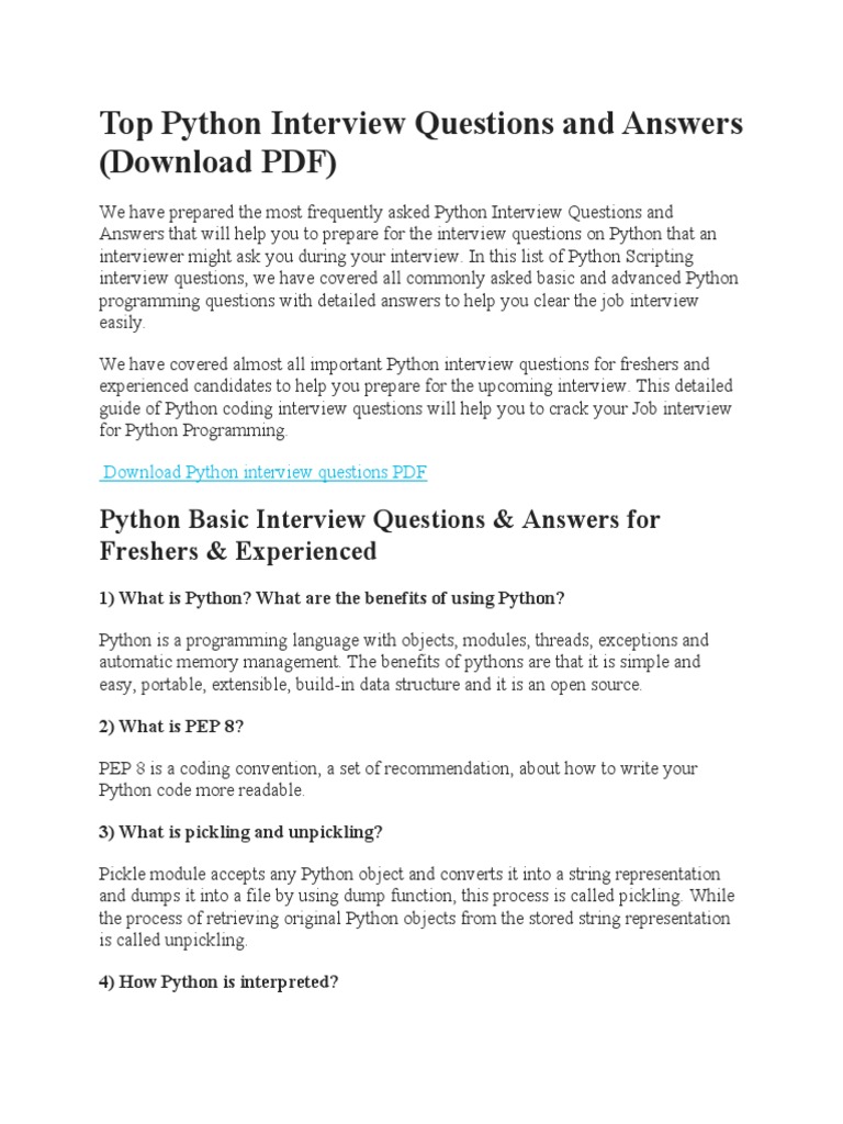Top Python Interview Questions and Answers | PDF | Python (Programming Language) | Anonymous ...