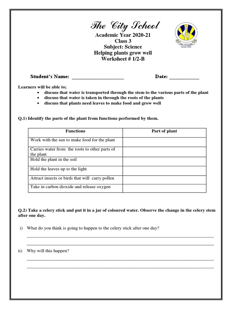 The City School: Academic Year 2020-21 Class 3 Subject: Science Helping ...