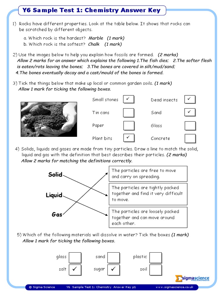 Y6 Sample Test 1 Chemistry Answer Key | PDF | Particle | Gases