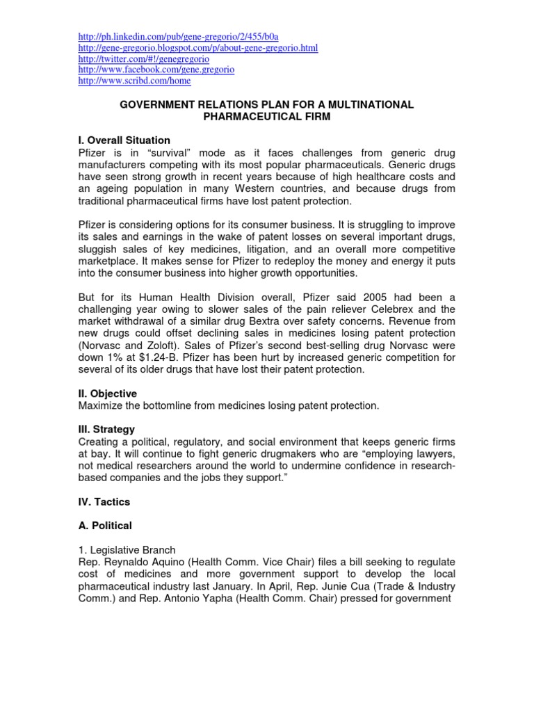 PR and Government Relations Plan For A Multinational Pharmaceutical ...