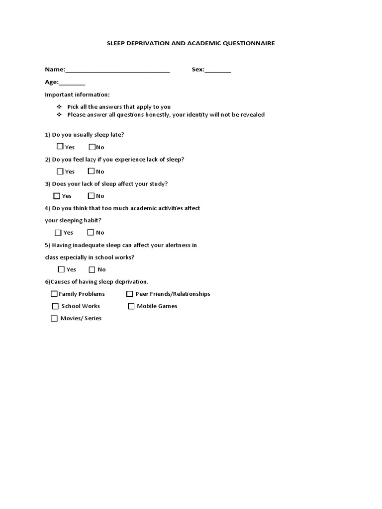 Sleep Deprivation and Academic Questionnaire | PDF