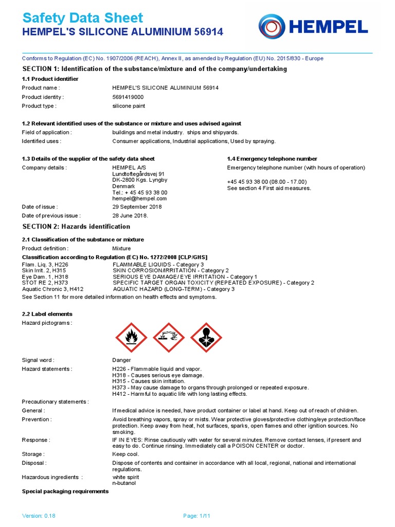 Safety Data Sheet: Hempel'S Silicone Aluminium 56914 | PDF ...