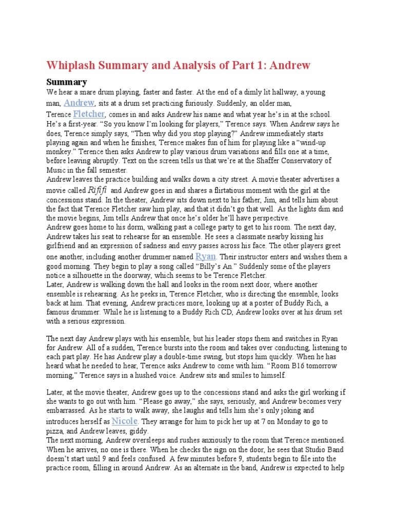 Whiplash Summary and Analysis of Part 1 | PDF | Essays | Entertainment ...