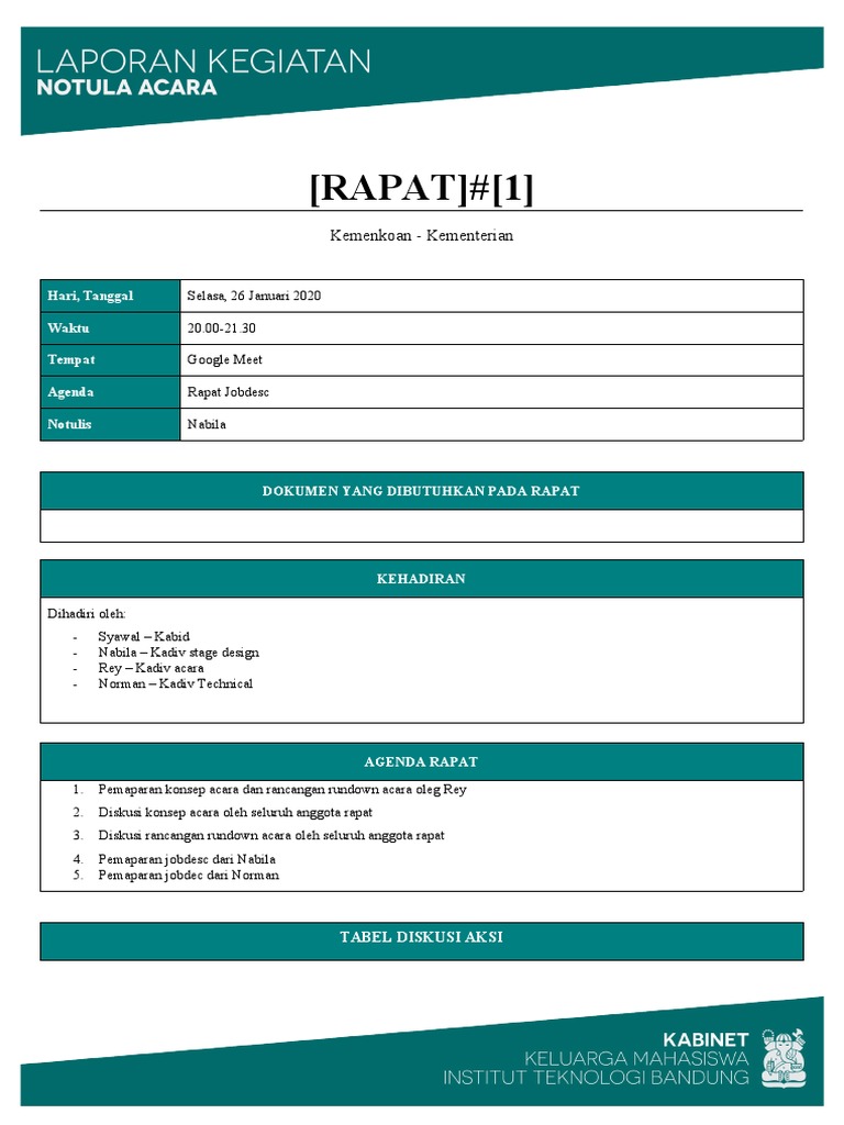 Template Notula Rapat Internal 2020 - 2021 | PDF