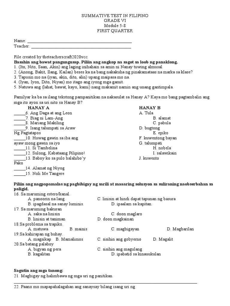 Summative Test in Filipino | PDF