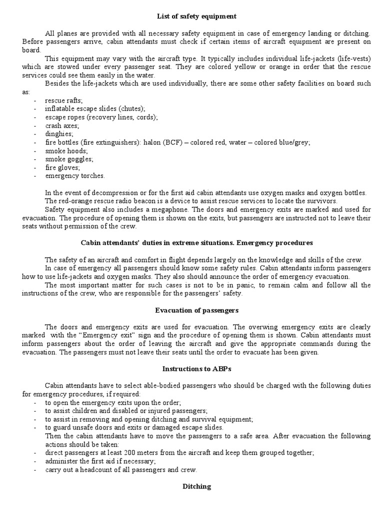 Emergency Procedures and Equipment | PDF | Flight Attendant | Aircraft ...