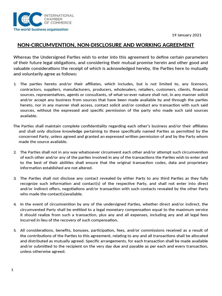 Non-Circumvention, Non-Disclosure and Working Agreement | PDF | Arbitration | Business Law