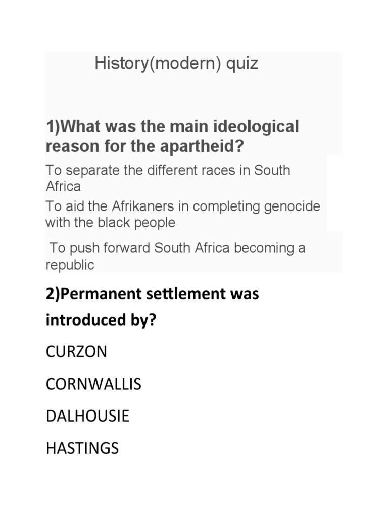 History (Modern) Quiz: 1) What Was The Main Ideological Reason For The ...