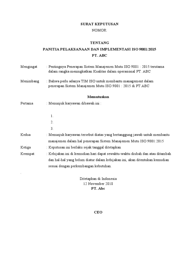 Surat Keputusan Tim Iso 1 | PDF