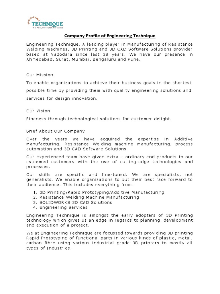 Company Profile Engineering Technique | PDF | 3 D Printing | Computer ...
