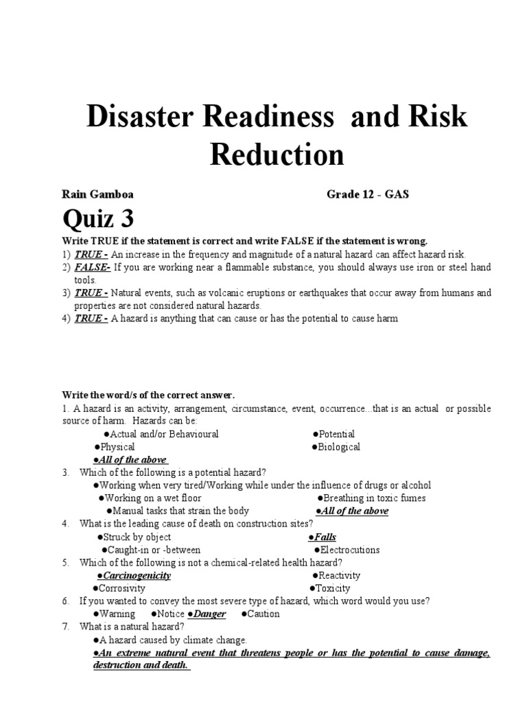 QUIZ 3 Disaster Readiness and Risk Reduction | PDF | Hazards | Volcano