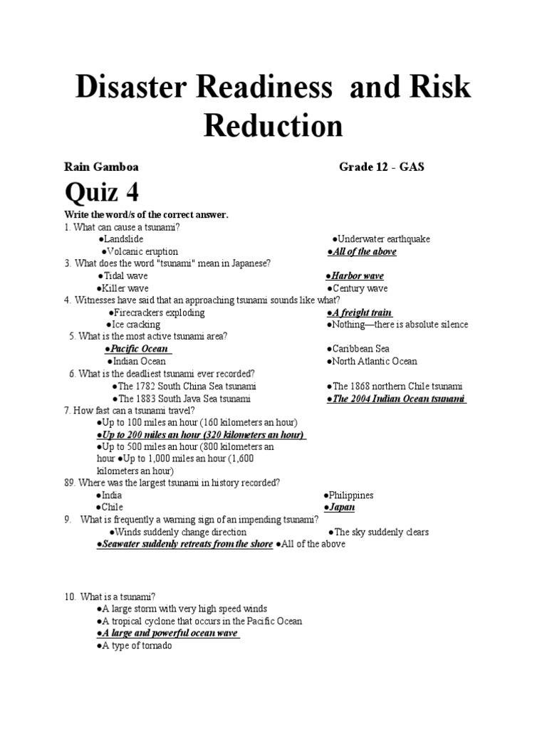 QUIZ 4 Disaster Readiness and Risk Reduction | PDF | Tsunami | Earthquakes