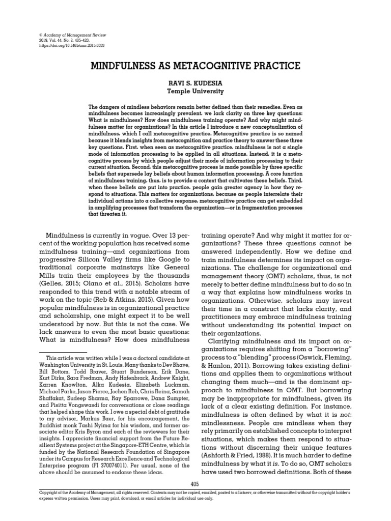 Mindfulness As Metacognitive Practice | PDF | Metacognition | Mindfulness