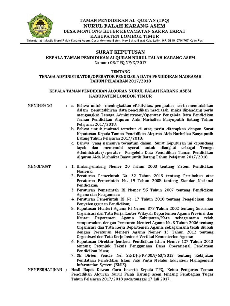 SK Operator TPQ Nurul Falah 2017 | PDF