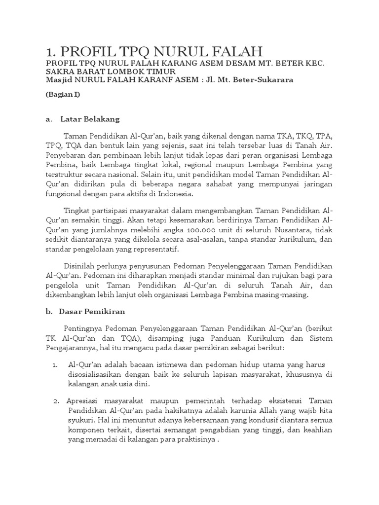 Profil TPQ Nurul Falah Lombok Timur | PDF | Kesehatan Holistik