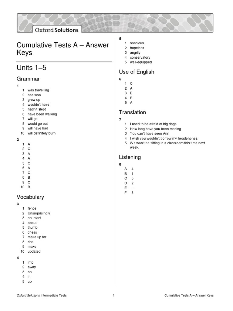 Oxford Solutions Intermediate Cumulative Test Answer Keys A | PDF