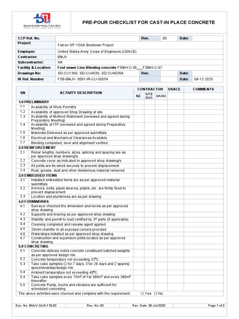 Pre-Pour Concrete Checklist R00 | PDF | Engineering | Civil Engineering