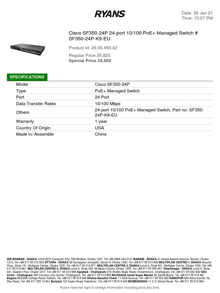 Cisco Sf350 24p 24 Port 10 100 Poe Managed Switch Pdf Dhaka World Politics