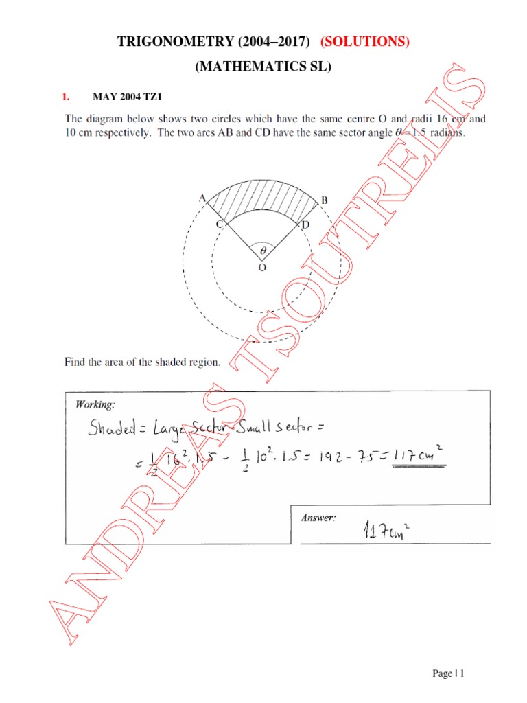 7d. Trigonometry (2004-2017) (SL) Solutionsw | PDF | Mathematical ...