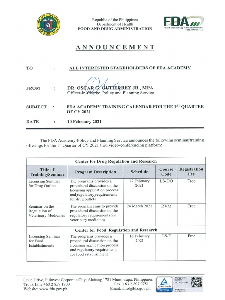 FDA Academy Training Calendar For The 1st Quarter of Cy 2021 | PDF