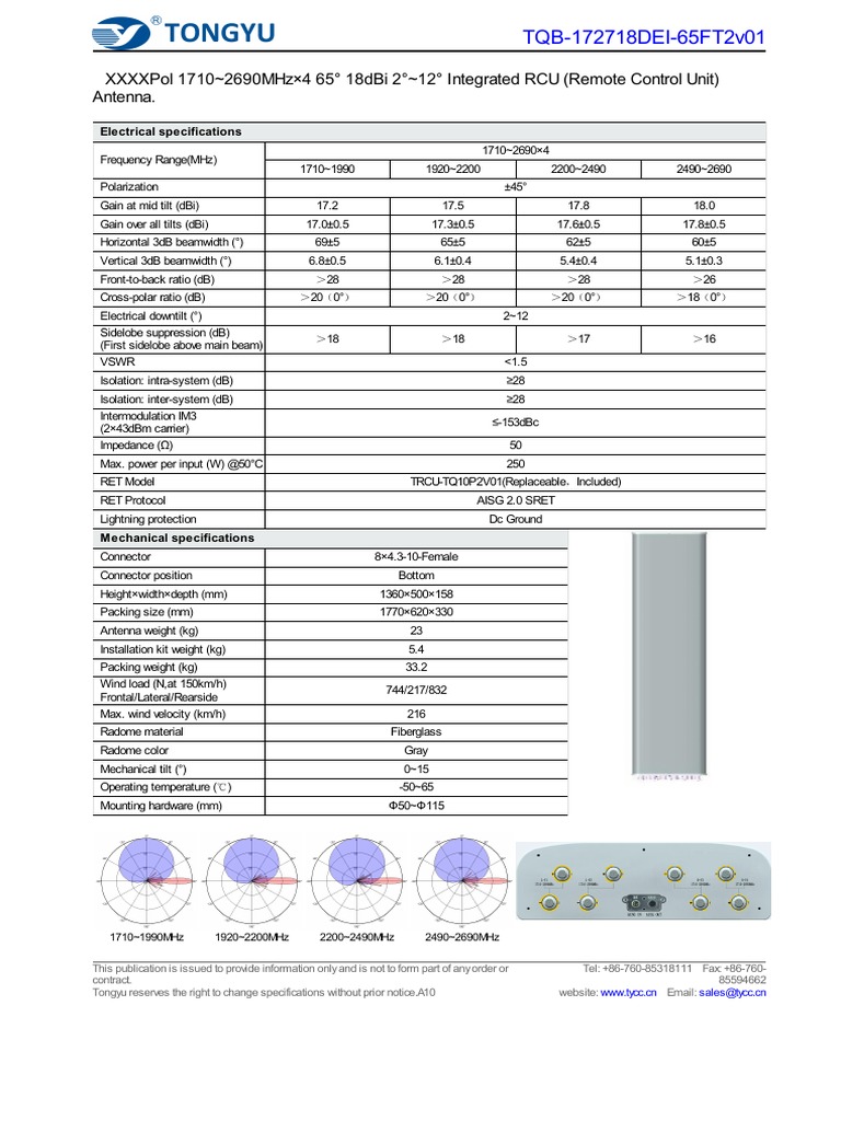 Tqb-172718Dei-65Ft2V01: Xxxxpol 1710 2690Mhz×4 65° 18dbi 2° 12° Integrated Rcu (Remote Control ...