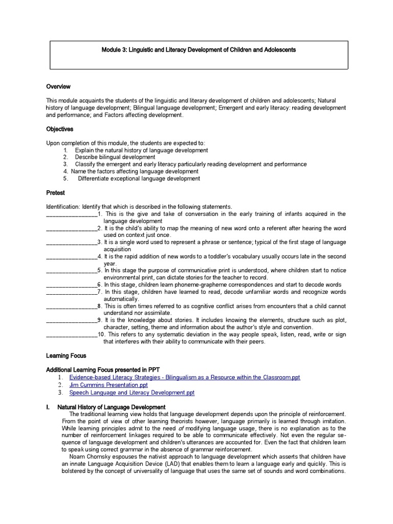 Module 3 Linguistic and Literary Development of Children and Adolescent ...