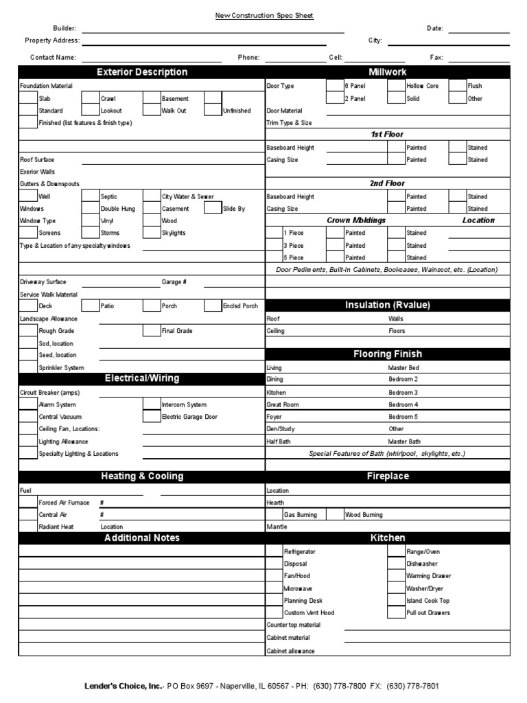 New Construction Spec Sheet Free PDF Template Download | PDF | Door ...
