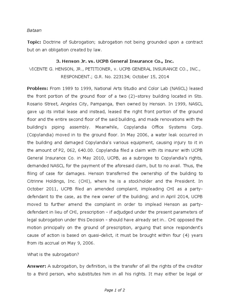 Henson, Jr. vs. UCPB General Insurance | PDF | Business Law | Private Law