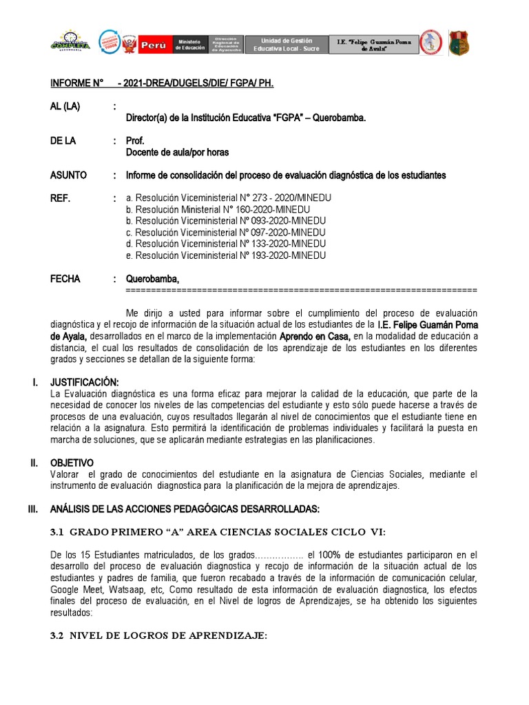Esquema Informe Eval Diagnostica Semaforo 2021 | PDF | Evaluación | Maestros