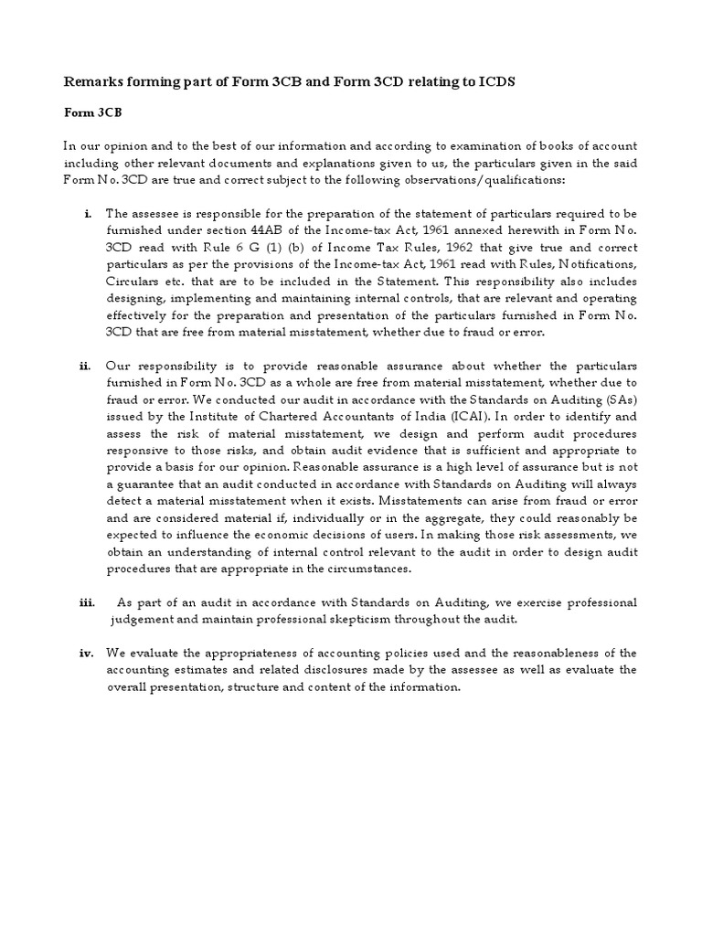 Remarks Forming Part of Form 3CB and Form 3CD Relating To ICDS | PDF ...